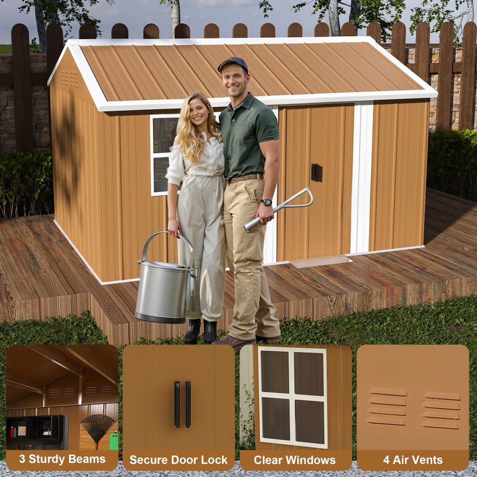 12x8 FT Heavy-Duty Metal Storage Shed with Windows, Lockable Door ...