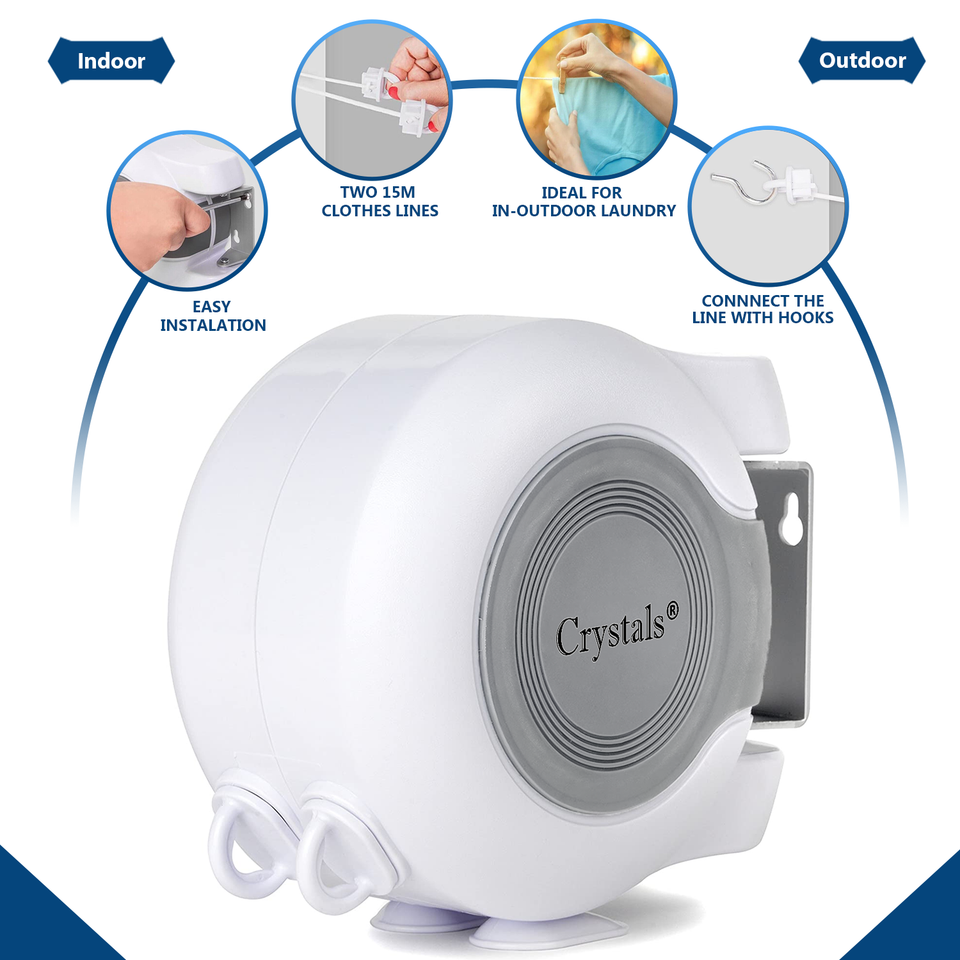 30m Retractable Clothes Reel Double Washing Line Wall Mounted Outdoor ...