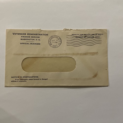 1937 Veterans Administration Finance Service Washington DC Government ...