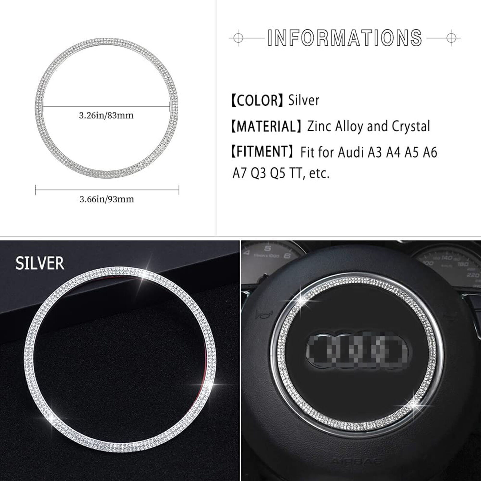 Bling Diamond Steering Wheel Decorative Ring Sticker Fit For Audi A3 Q5 ...