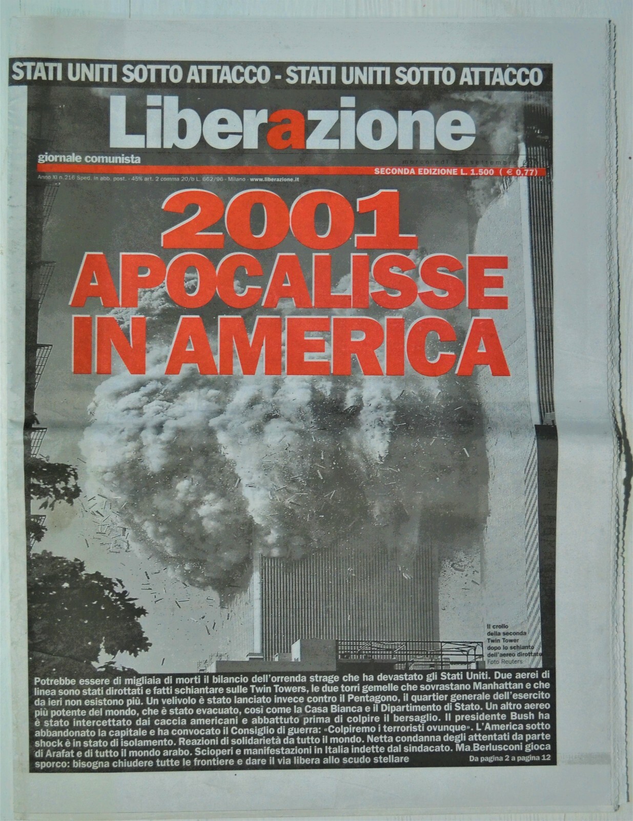 Liberation 12 September 2001 Apocalypse IN America Twin Towers New York ...
