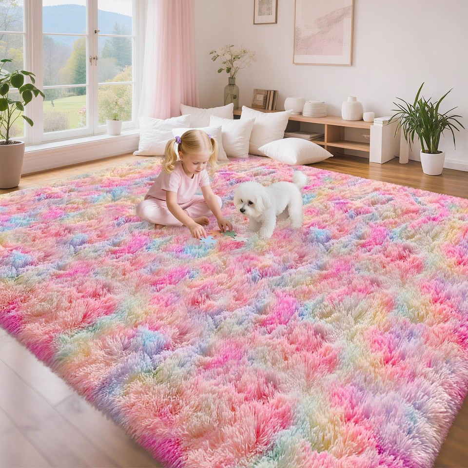 Soft Fluffy Area Rug 8x10 Plush Rainbow Rugs for Girls Bedroom Shaggy ...