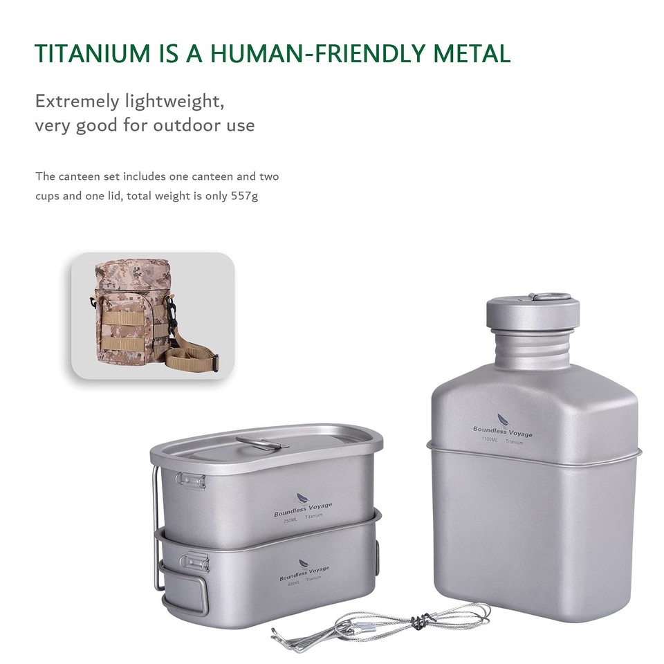 Camping Titanium Canteen Cups Set Military Mess Kit 1100ml Army Water ...