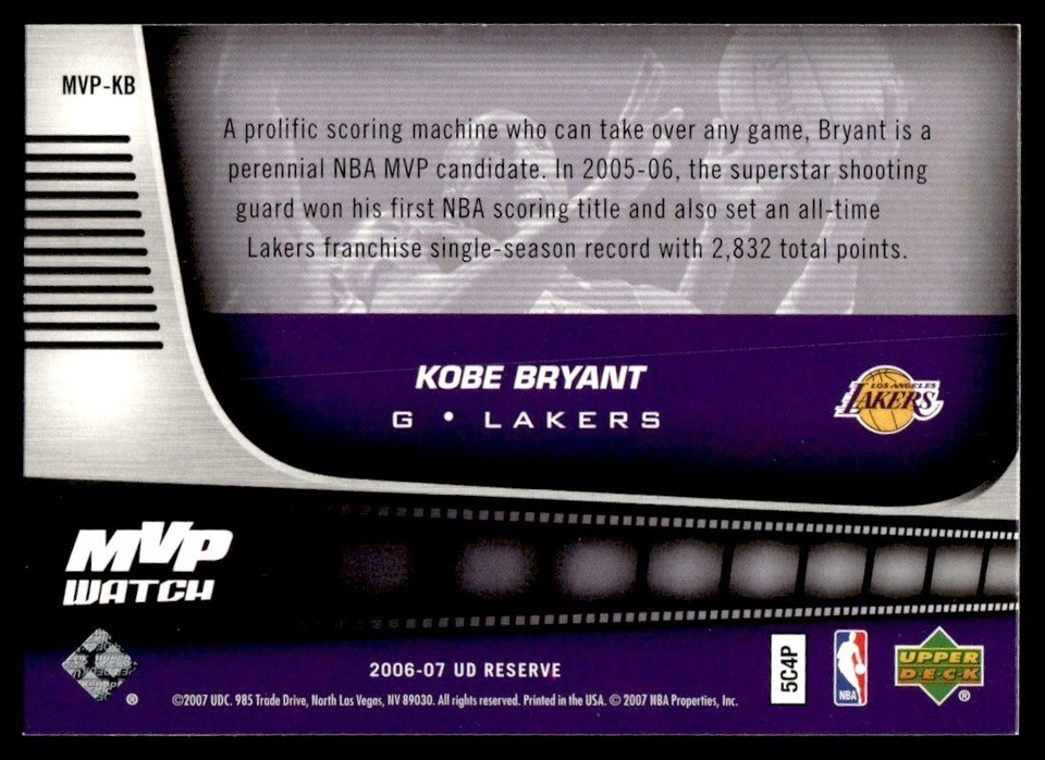 2006-07 Upper Deck MVP Watch Foil Kobe Bryant Los Angeles Lakers #MVP ...
