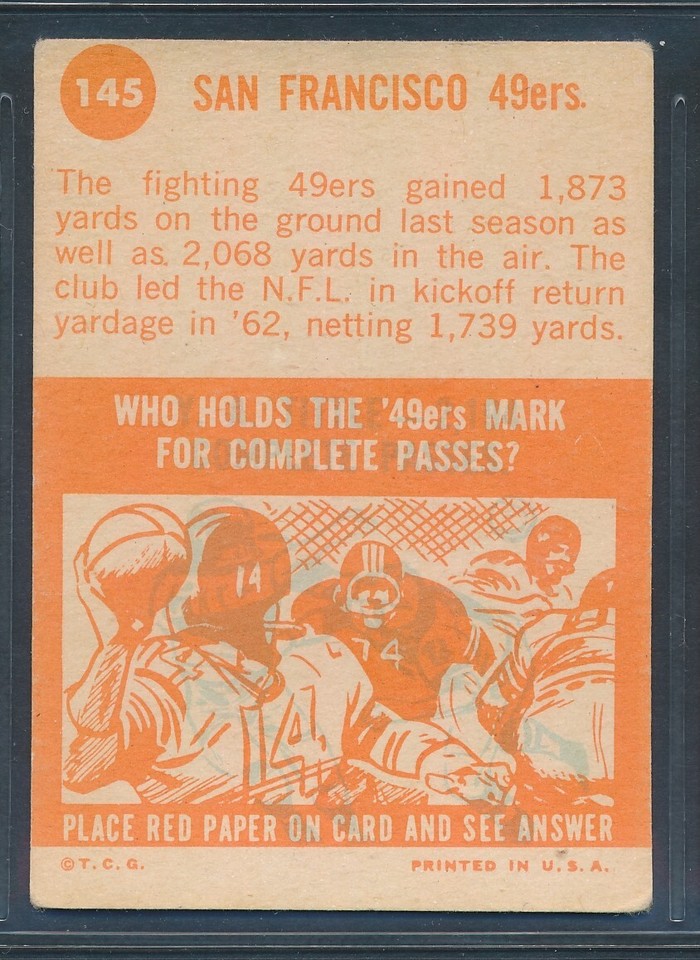1963 Topps Football #145: SAN FRANCISCO 49ERS Team Card SP ~ VG to VG ...