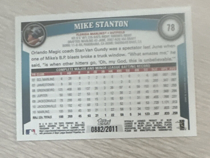 2011 Topps #78 Mike Giancarlo Stanton Gold Parallel SP #/2011 Marlins ...