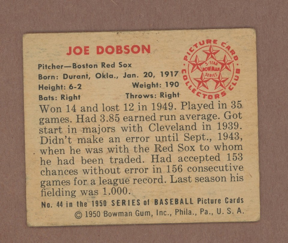 1950 Bowman Baseball Card # 44 Red Sox Joe Dobson Vg | eBay