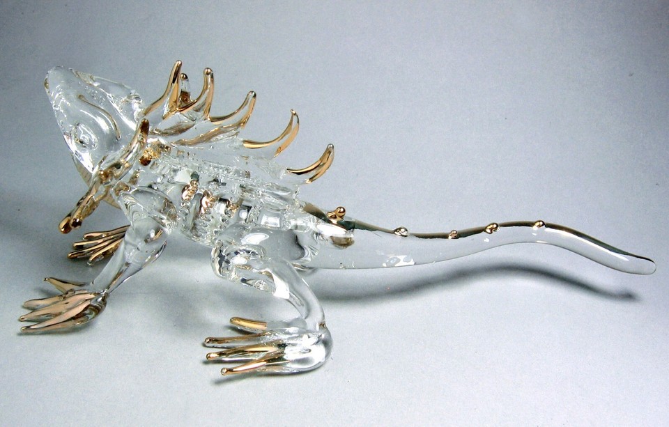 Lizard hand blown clear art glass figurine gold trim 4.5 inch - Gift ...