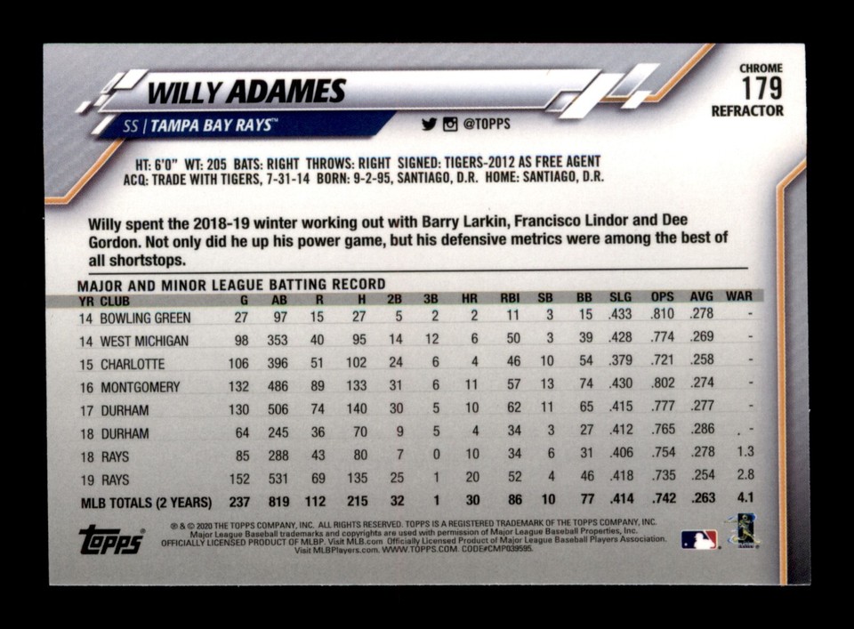2020 Topps Chrome Refractor #179 Willy Adames Tampa Bay Rays Baseball ...