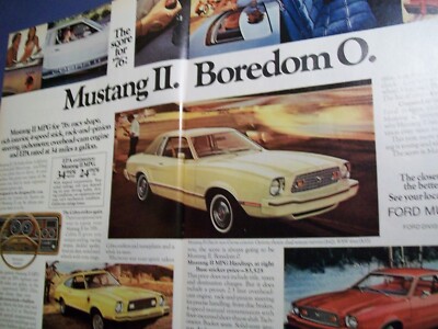 1976 Ford Mustang II mid-size-mag 2-pg car ad -"Mustang II. Boredom 0 ...
