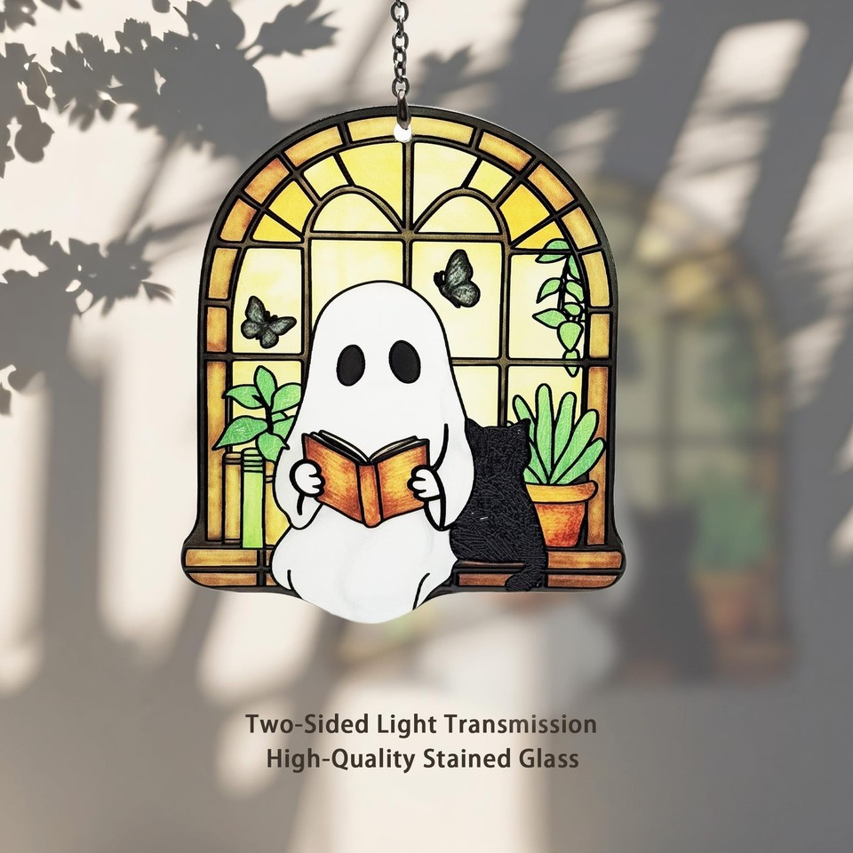 Ghost Black Cat Suncatcher, Ghost Reading Book Halloween Decor | eBay