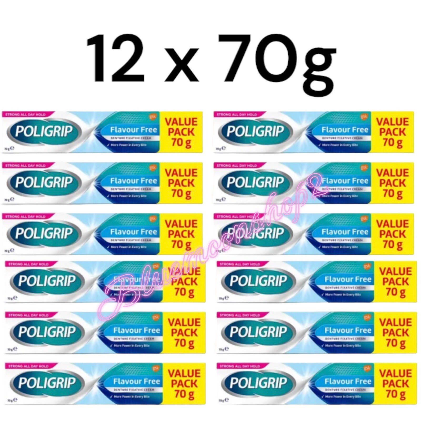 12 x 70g Poligrip Flavour Free Denture Fixative Cream Polygrip Flavour ...