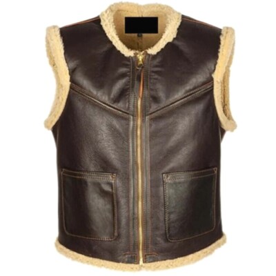 Mens Collarless Brown Leather Vest - Real Sheep Skin Leather Shearling ...