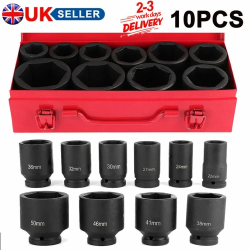 UK 10PC 3/4" DRIVE DEEP IMPACT Socket Set 22-50mm HGV Long Reach Impact ...