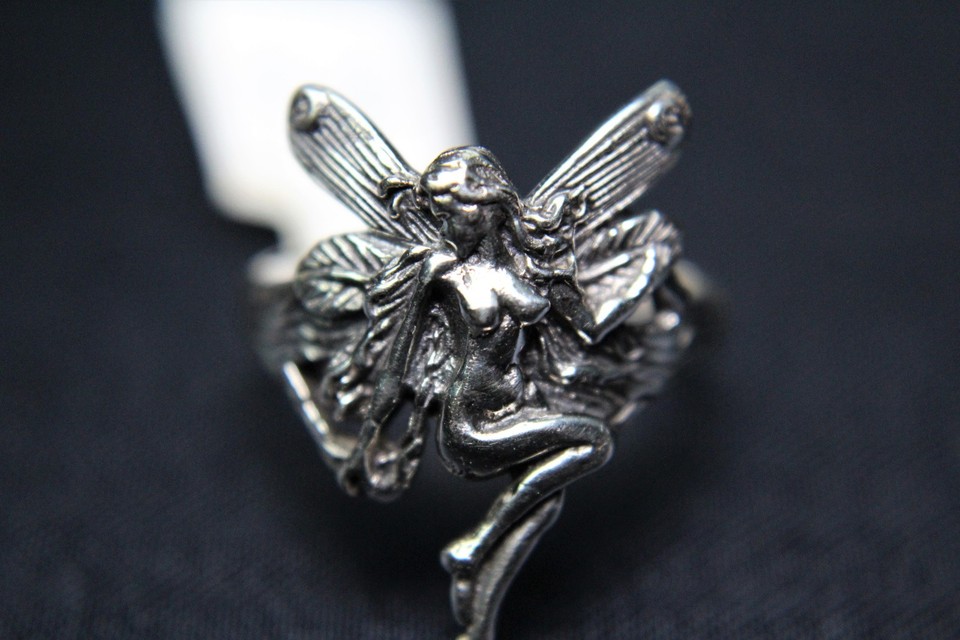 Sterling Silver Fairy Ring Lovely High Detailed Pixie Elf on Tree ...