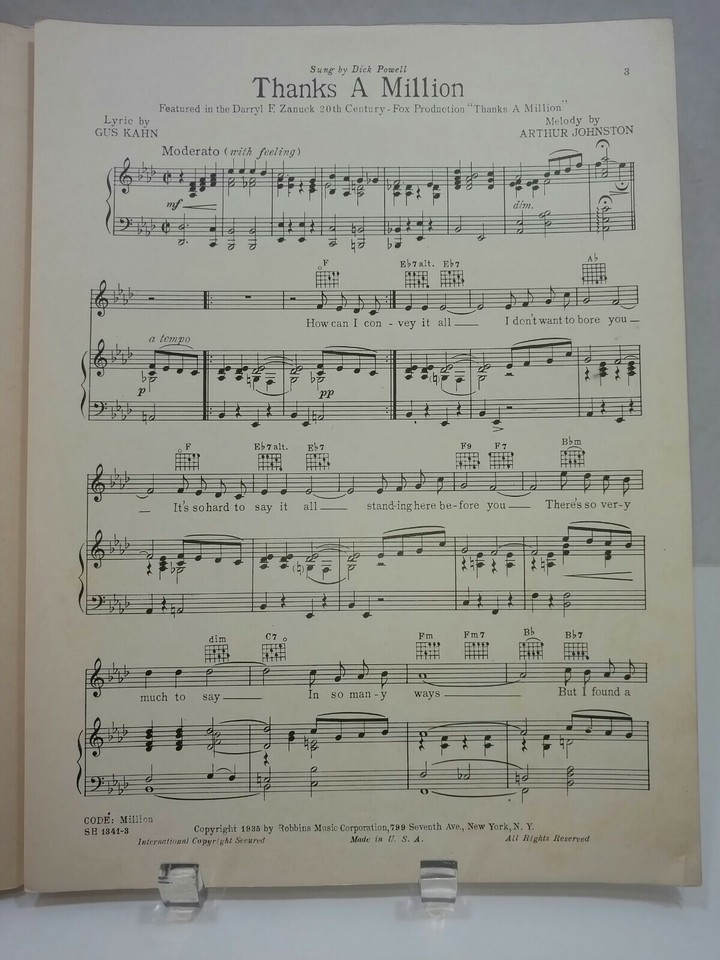 Thanks A Million Sheet Music Film Soundtrack Piano Voice Guitar Dick ...