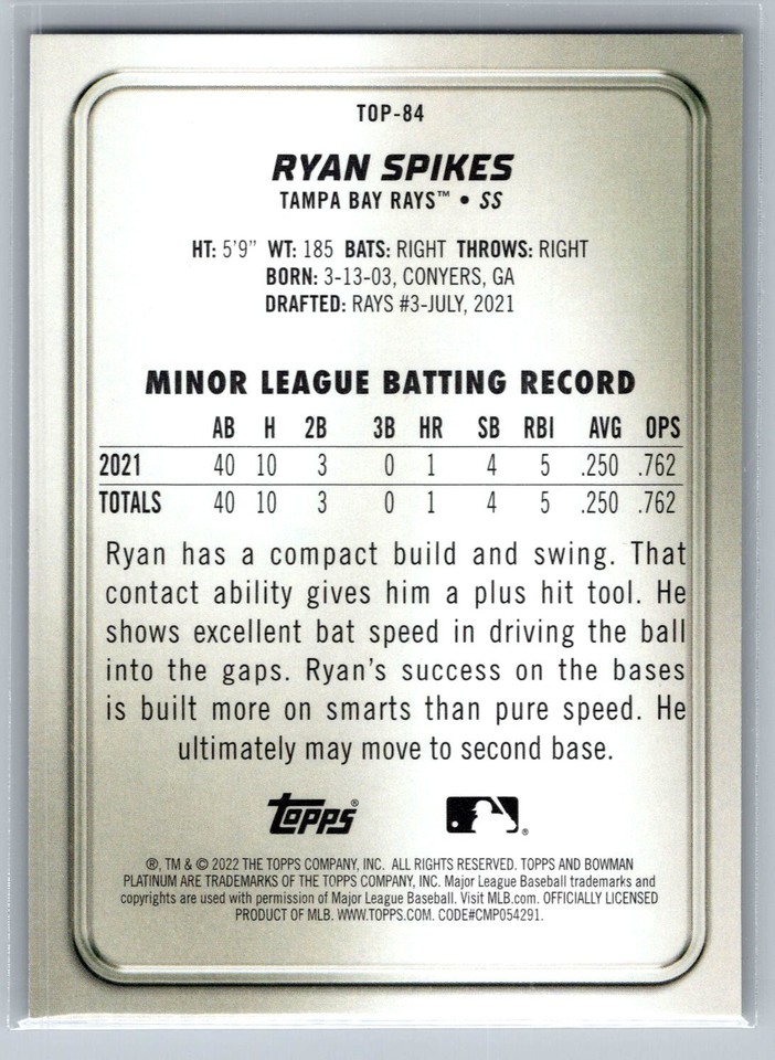 2022 Bowman Platinum Top Prospects Baseball #TOP-84 Ryan Spikes Tampa ...