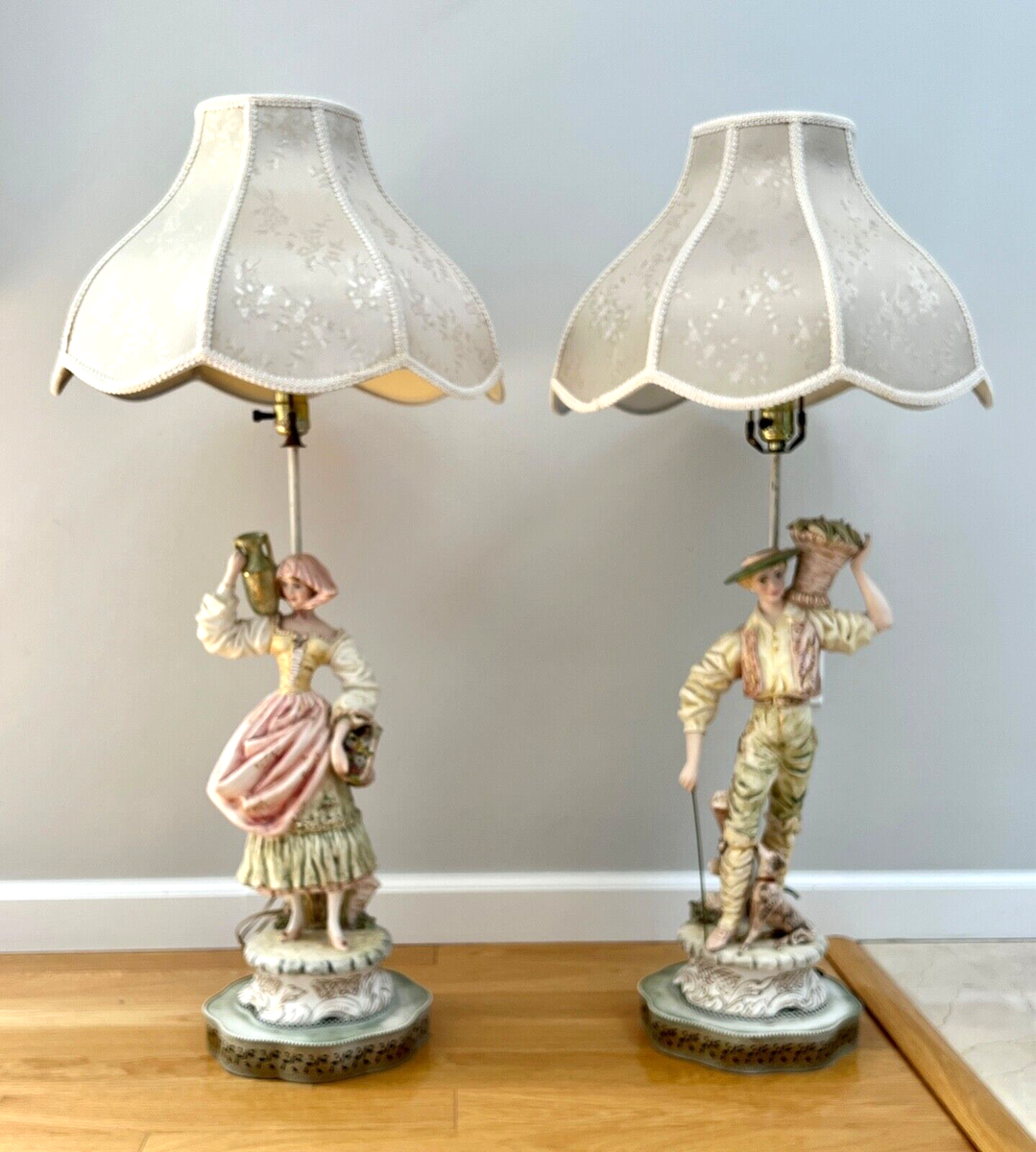 Capodimonte Porcelain Figurine Lamps Lot Pair Dresden Porcelain