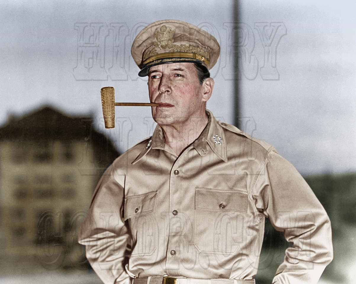 General Douglas MacArthur Uniform Corncob Pipe WW2 WWII Color photo ...