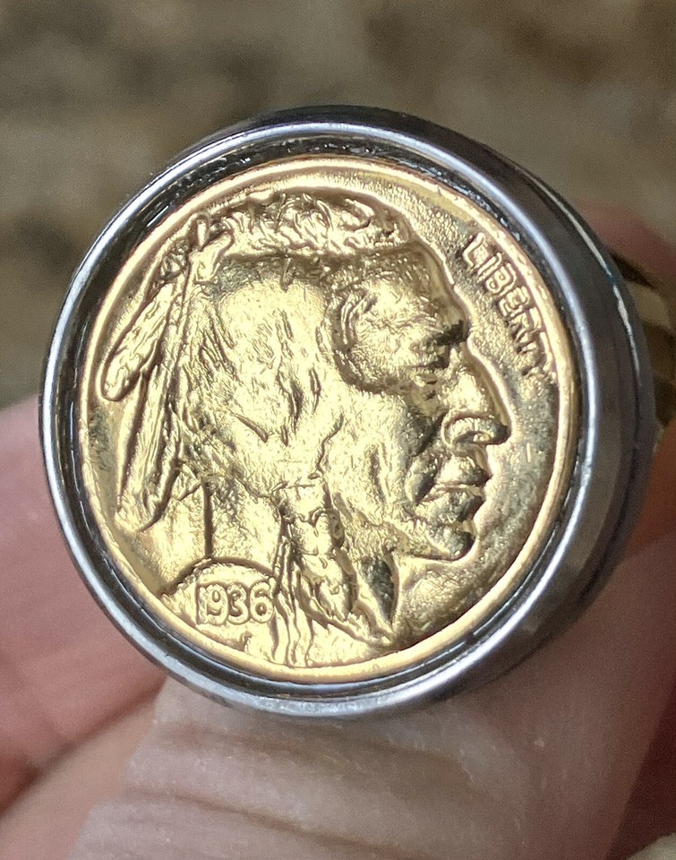 Stainless Steel/Gold 1936 American US Buffalo Head Nickel Coin Ring ...