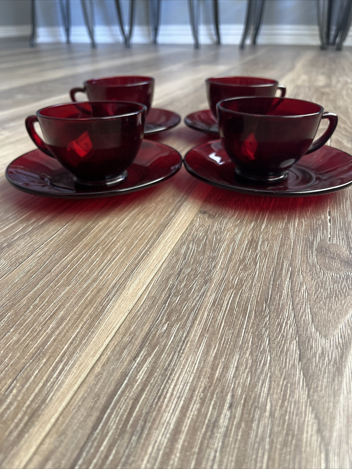 Ruby red glassware vintage Tea Set. 4 Cups & 4 Saucers | eBay