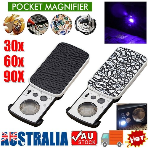 30X/60X/90X Pocket Magnifying Jewellers Magnifier Glass LED Slide Light ...