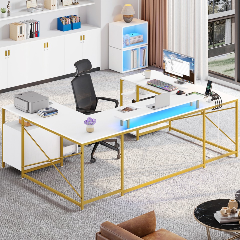79 inch U Shaped Desk with Power Outlets & LED Lights Reversible ...
