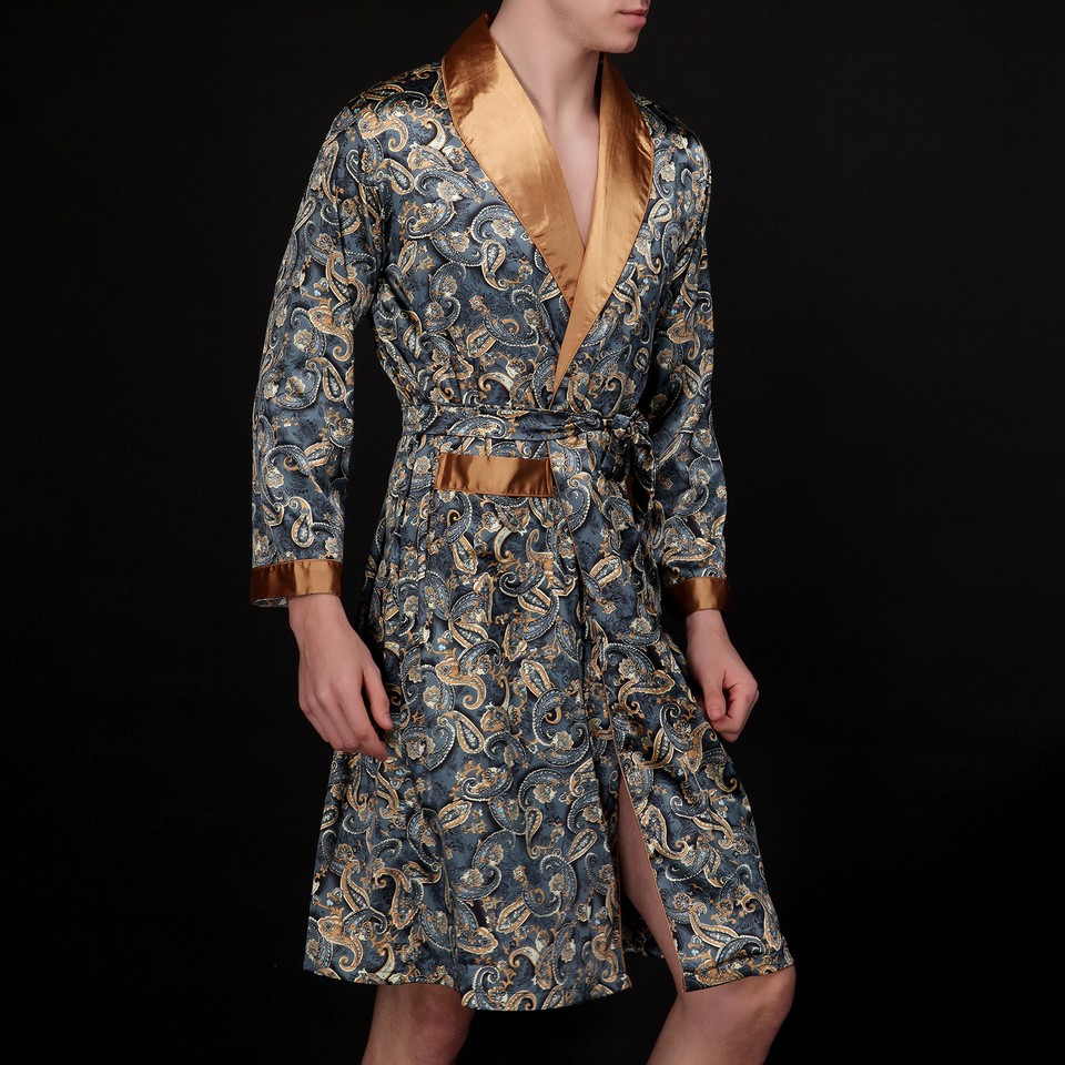 Men's Satin Kimono Robe Long Sleeve Silk Spa Luxurious Dragon Pockets ...