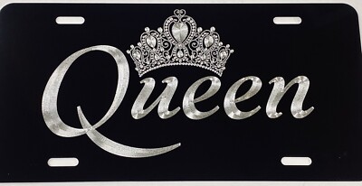 Engraved Queen Crown Car Tag Diamond Etched Black Metal Front License ...