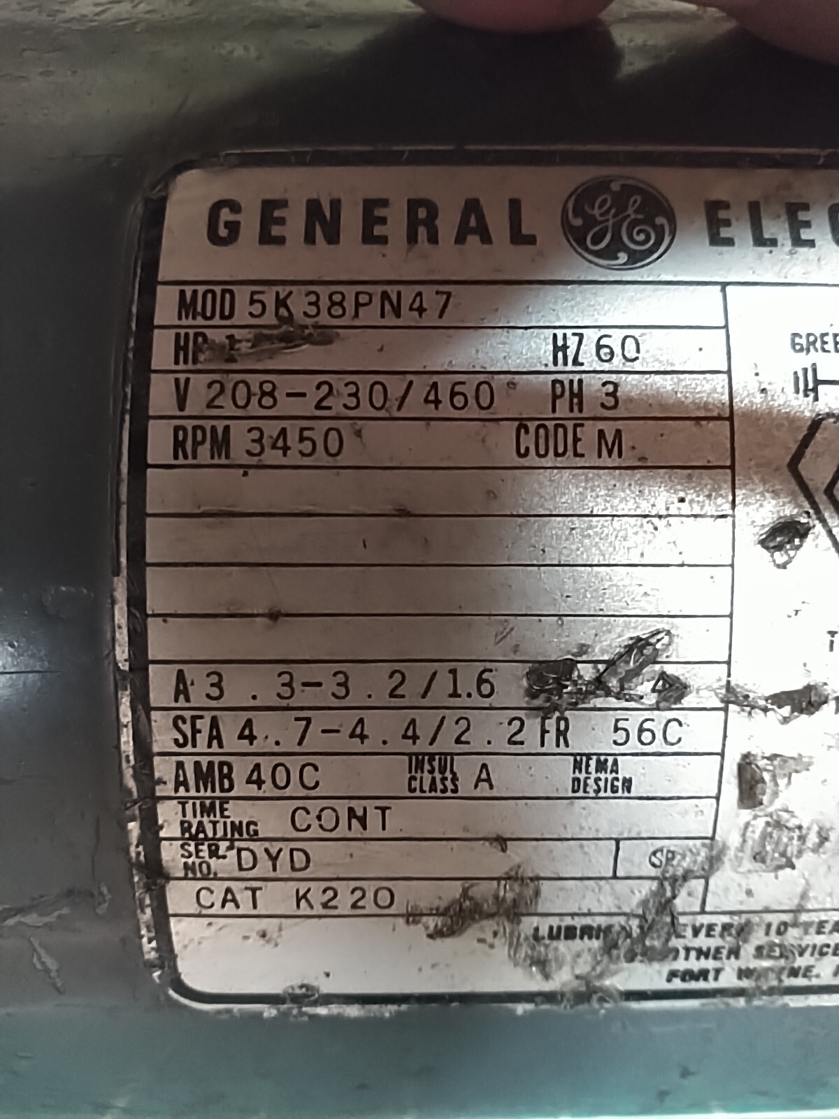 GE 1 HP 3450 RPM Electric Motor 208-230/460VAC 3PH Fr 56C 5/8" Shaft | eBay