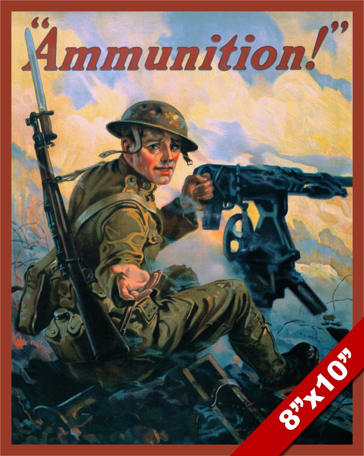 WWI AMMUNITION MACHINE GUN SOLDIER PROPAGANDA POSTER REAL CANVAS WAR ...