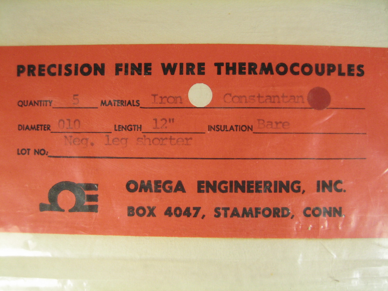 Omega Fine Wire Thermocouple Iron Constantan .010" DIA 12" L Lot of 4 ...