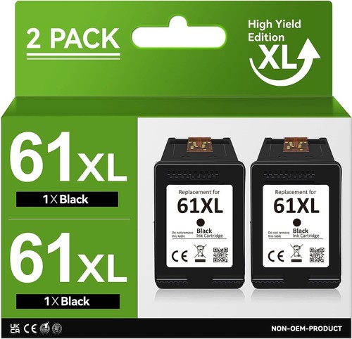 2 Pack 61 XL Black Ink Cartridges for HP ENVY 4500 4501 4502 4504 5530 ...