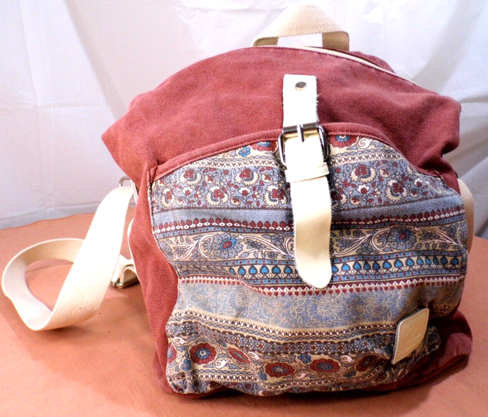 Womens Cotton Canvas Backpack-Maroon Bag Book Bag. 5 Pockets-3 w ...