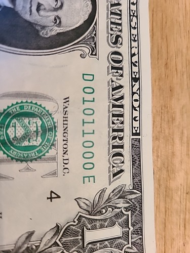 01011000. $1 FRN Fancy True Binary Serial Number. | eBay