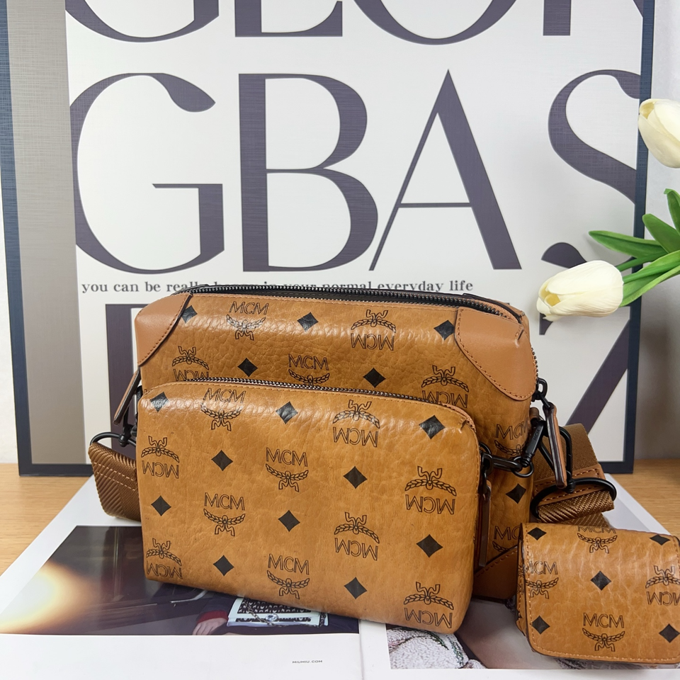 MCM Trio Set Cognac Visetos Leather Crossbody Bag (3-Piece) 10 x 22.5 x ...