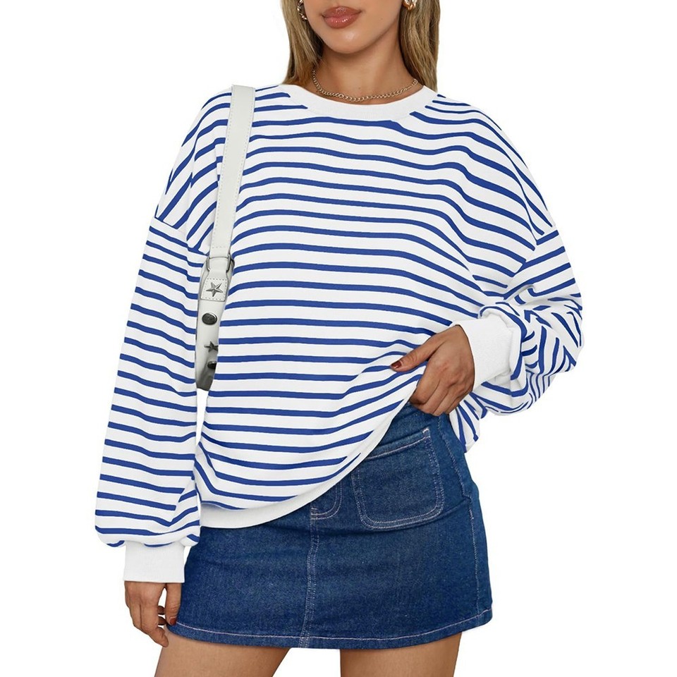 Womens Colour Block Stripe Sweatshirt Loose Fit Jumper Pullover Casual ...