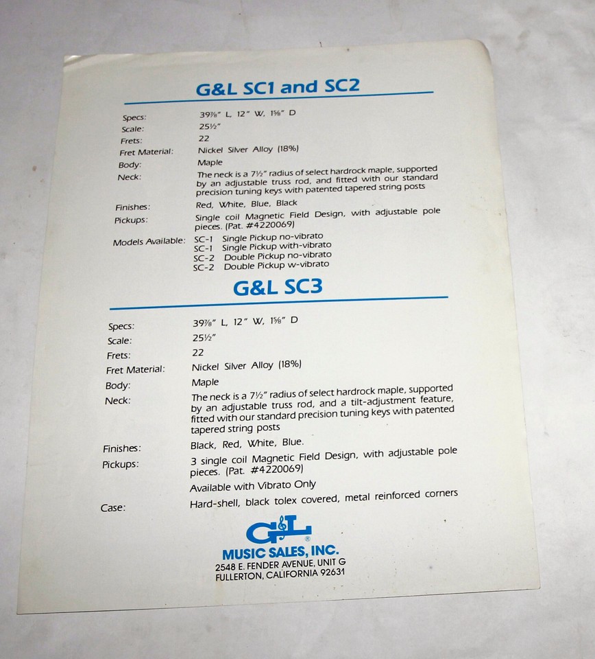G & L guitars 1980s SC1 SC2 SC3 Promo Ad sheet two sided POSTER FLIER ...