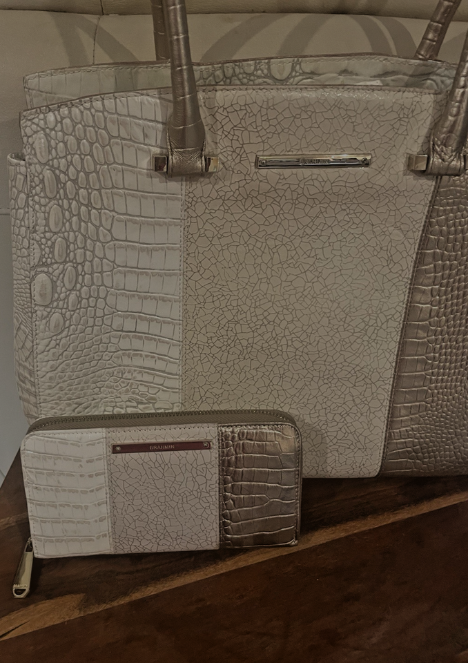 BRAHMIN ALICE CARRYALL Tri Color Satchel Purse w/Suri matching wallet ...