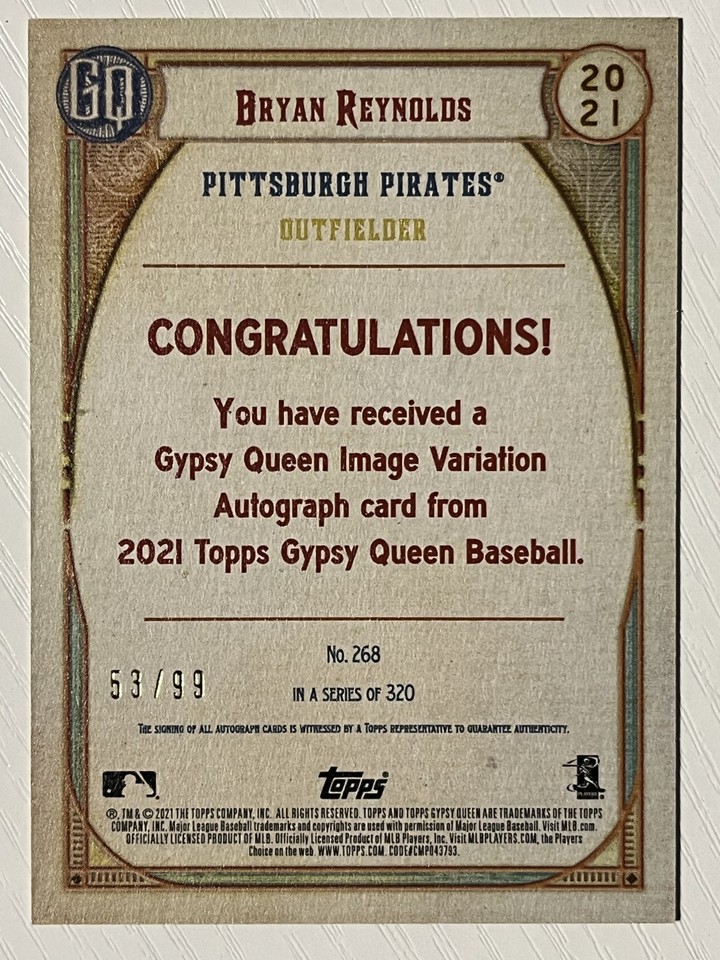 Bryan Reynolds 2021 Topps Gypsy Queen Variation Auto 53/99 Pittsburgh ...