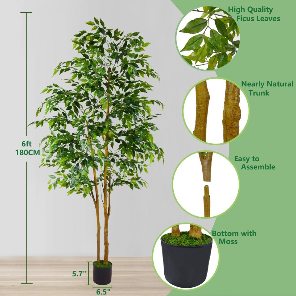 Artificial Ficus Tree, 7ft Silk Fake Ficus Leaves Plant with Basket ...