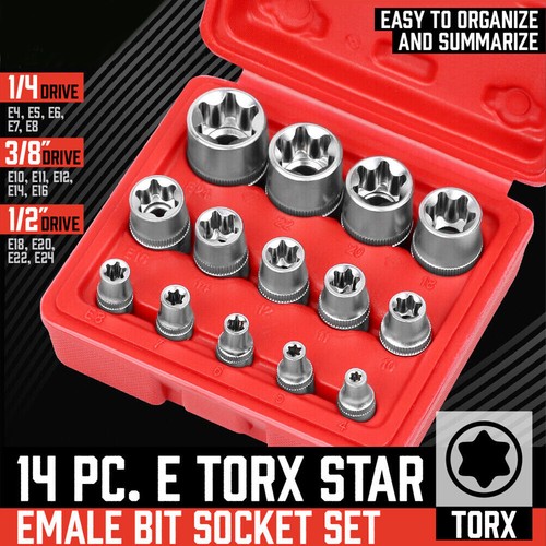 14Pcs E Torx Socket Set Female Start Bit External Hex Torque E4-E24 ...