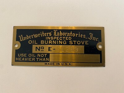NOS Underwriters Laboratories Oil Burning Stove Brass ID Tag Emblem ...