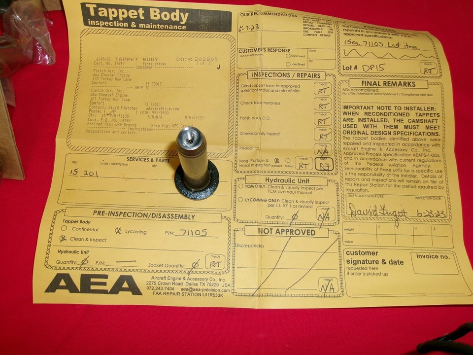 Lycoming O-235 solid Tappet Body, Cam Follower P/N 71105 fresh OH. sell ...