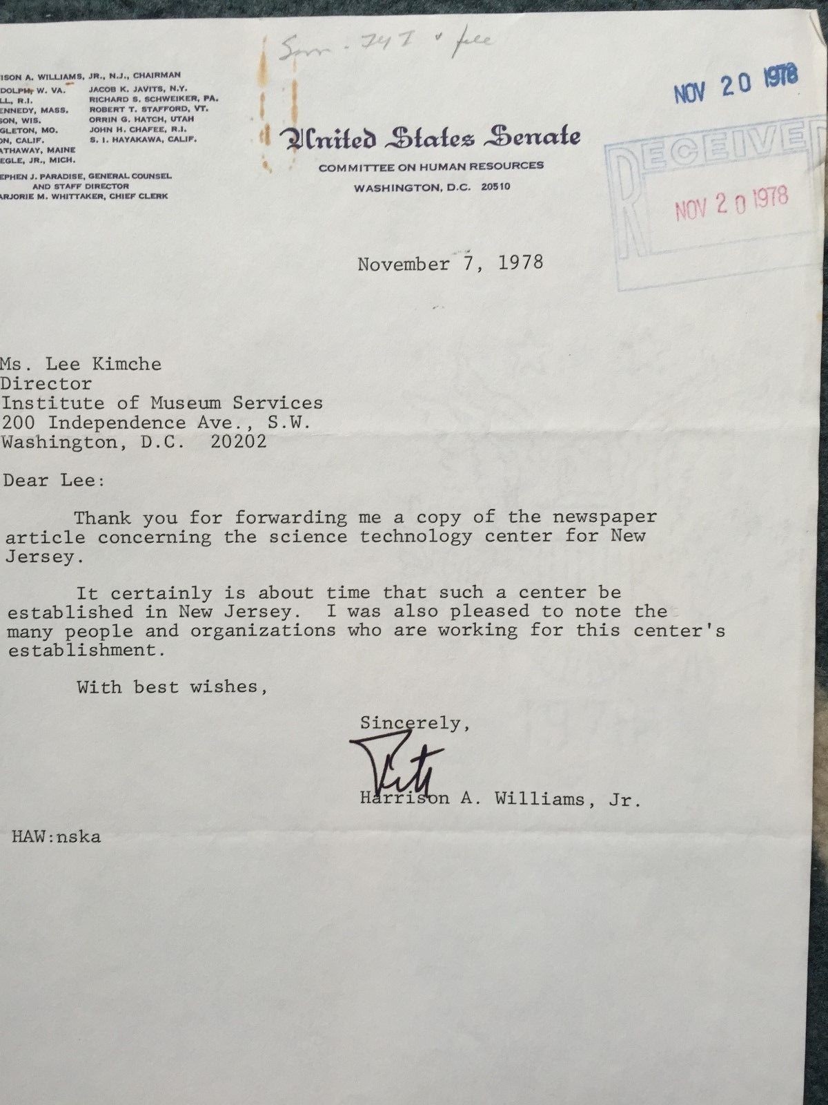 Senator Harrison Williams To U.S L.K McGrath ORIGINAL TYPED & signed ...