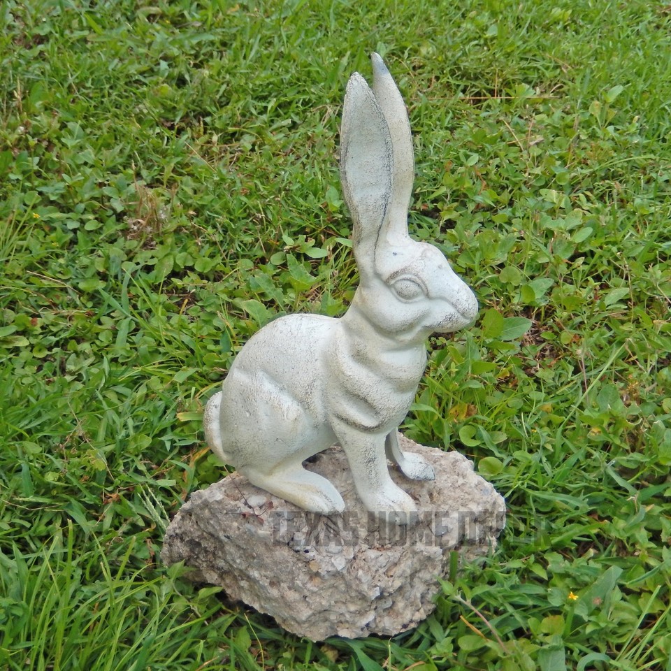 Large Rabbit Figurine Garden Statue Heavy Duty Cast Iron Antique White ...