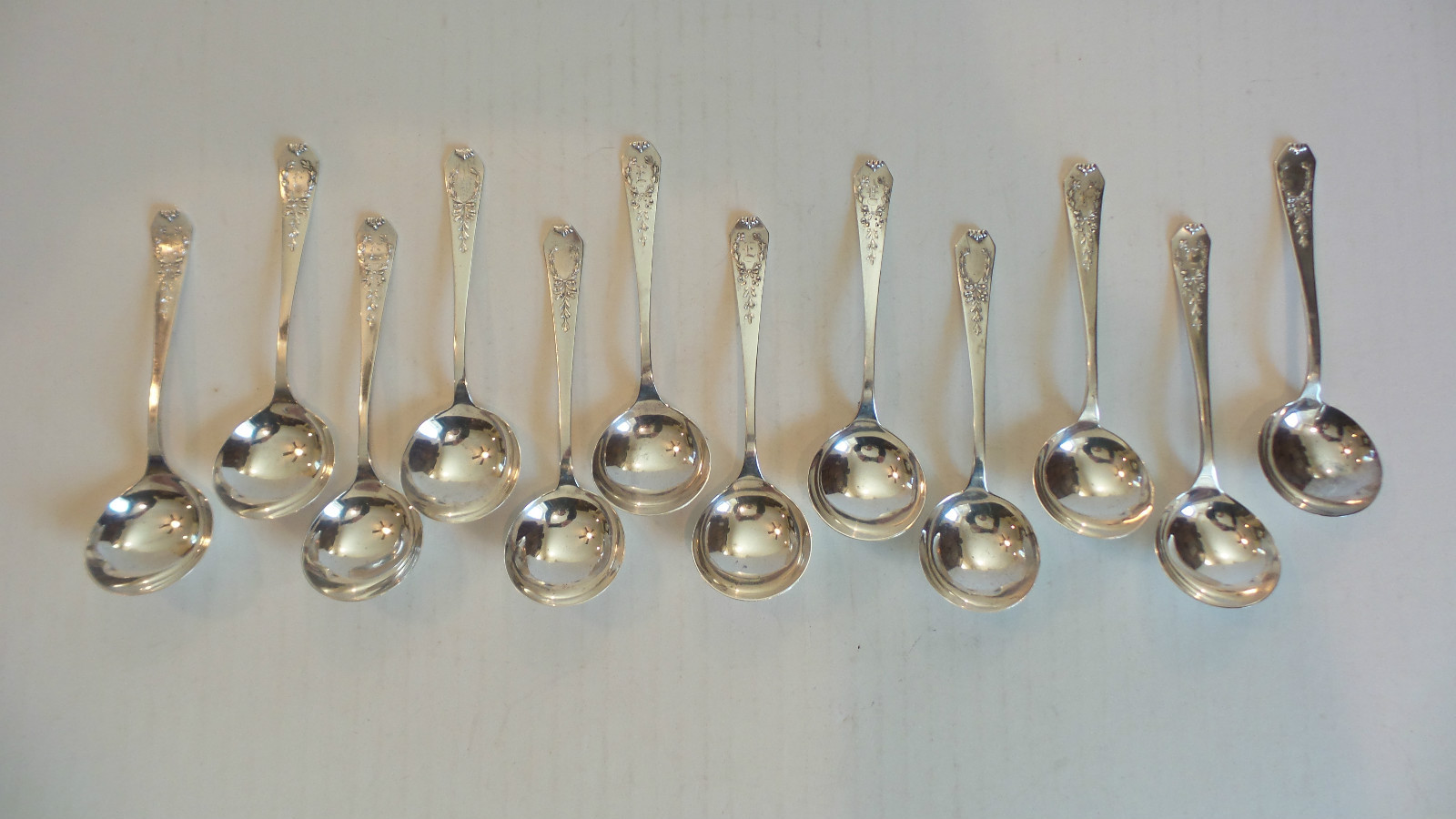 SET/12 ANTIQUE WHITING "MADAME JUMEL" STERLING SILVER SOUP SPOONS, c ...