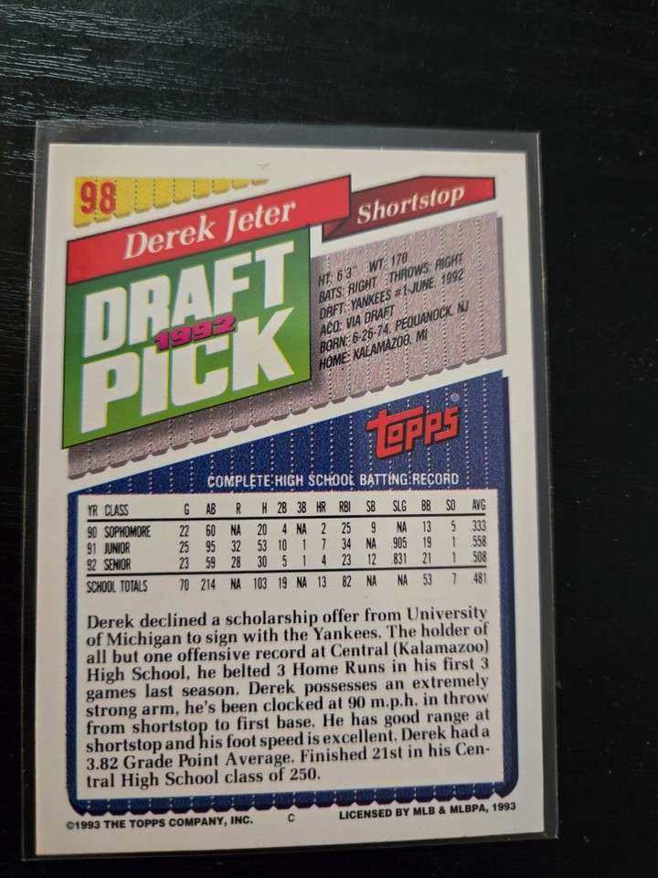 1993 Topps Draft Pick 1992 Derek Jeter New York Yankees #98 Rookie RC F ...