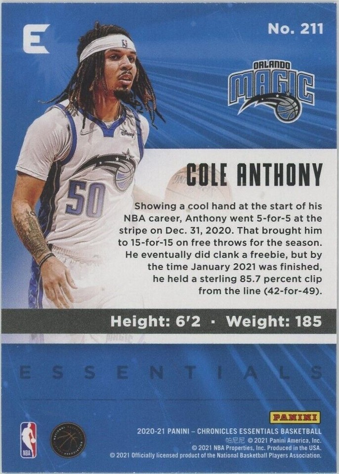 2020-21 Panini Chronicles Essentials Cole Anthony Rookie Magic RC #211 ...