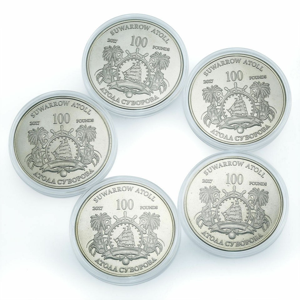 Suwarrow Atoll 100 pounds set of 5 coins Ship Great naval battles of ...